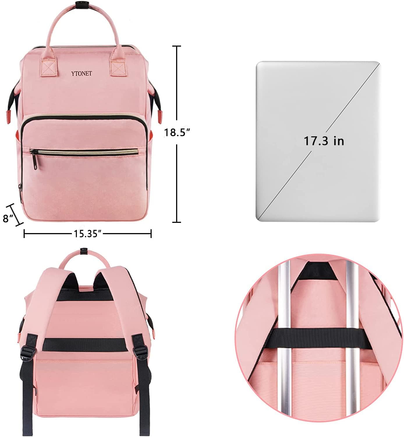 Ytonet Pink Laptop Backpack, 17.3 Inch Carry on Backpack for Women Teacher Nurse with USB Charging Port, Large Travel Carry on RFID Anti-theft Trip Water Resistant Bags for Work/College, Pink