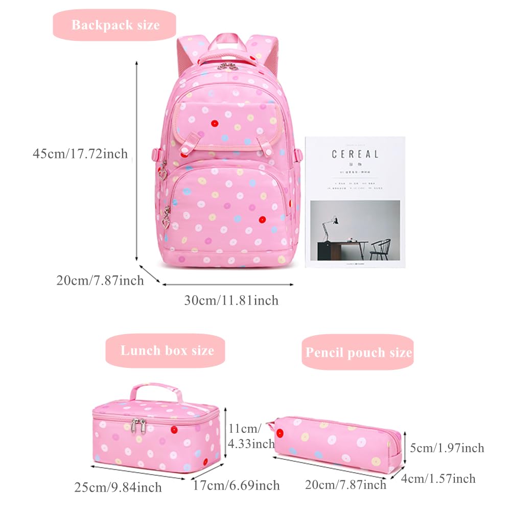 Armbq Polka-dot Print Backpacks for Girls with Lunch Box Teenage School Bookbag Set for Elementary Middle Student Travel Bag