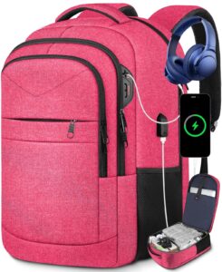 lapsouno extra large backpack, carry on backpack, 17.3 inch travel laptop backpack, water resistant casual hiking daypack, computer bag with usb port, college school business backpack for women, pink