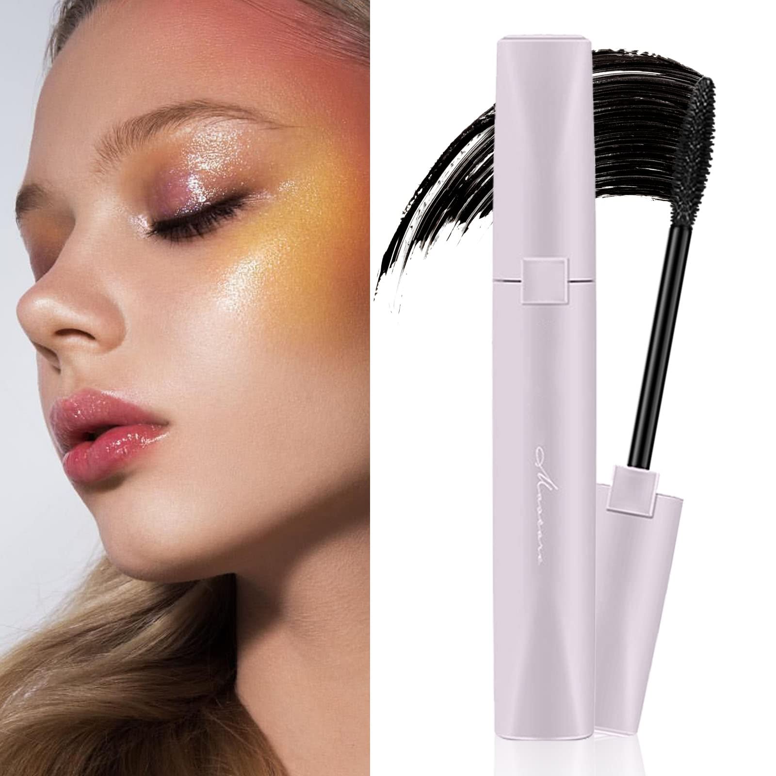 Daily Use Of Cosmetics For Women Long Black Natural Mascara Curly Mascara No Clumps Do Not Easy Removal Makeup Long Lasting Mascara Long Curl Lattice Eyelash Growth（Black-A)