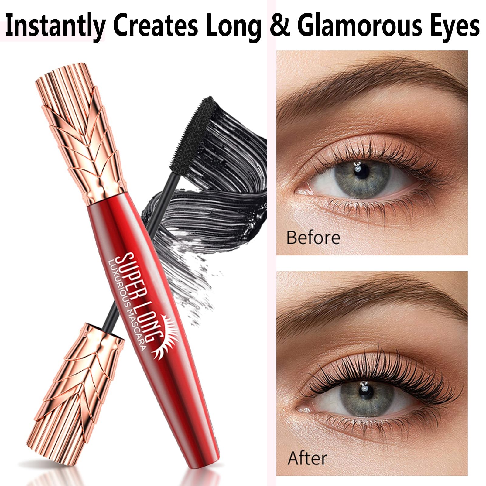 Super Long Black Mascara,LongLasting Waterproof SweatProof Quick-Drying 4D Silk Fiber Lash Mascara,Natural Lengthening Instant Volumizing Tubing Mascara Liquid Lash Extensions Mascara for Women Makeup