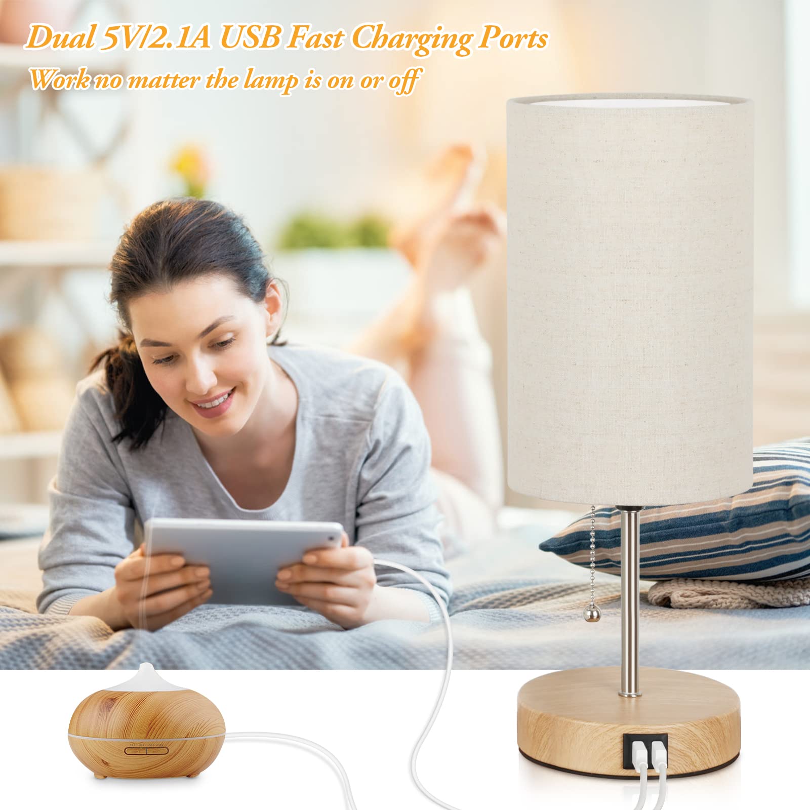 Set of 2 Table Lamps with 2 USB Ports, Modern Bedside, Desk Lamps with Pull Chain, Nightstand Lamps with Cream Fabric Shade and Oak Metal Base for Living Room Bedroom Office Reading Dorm Hotel