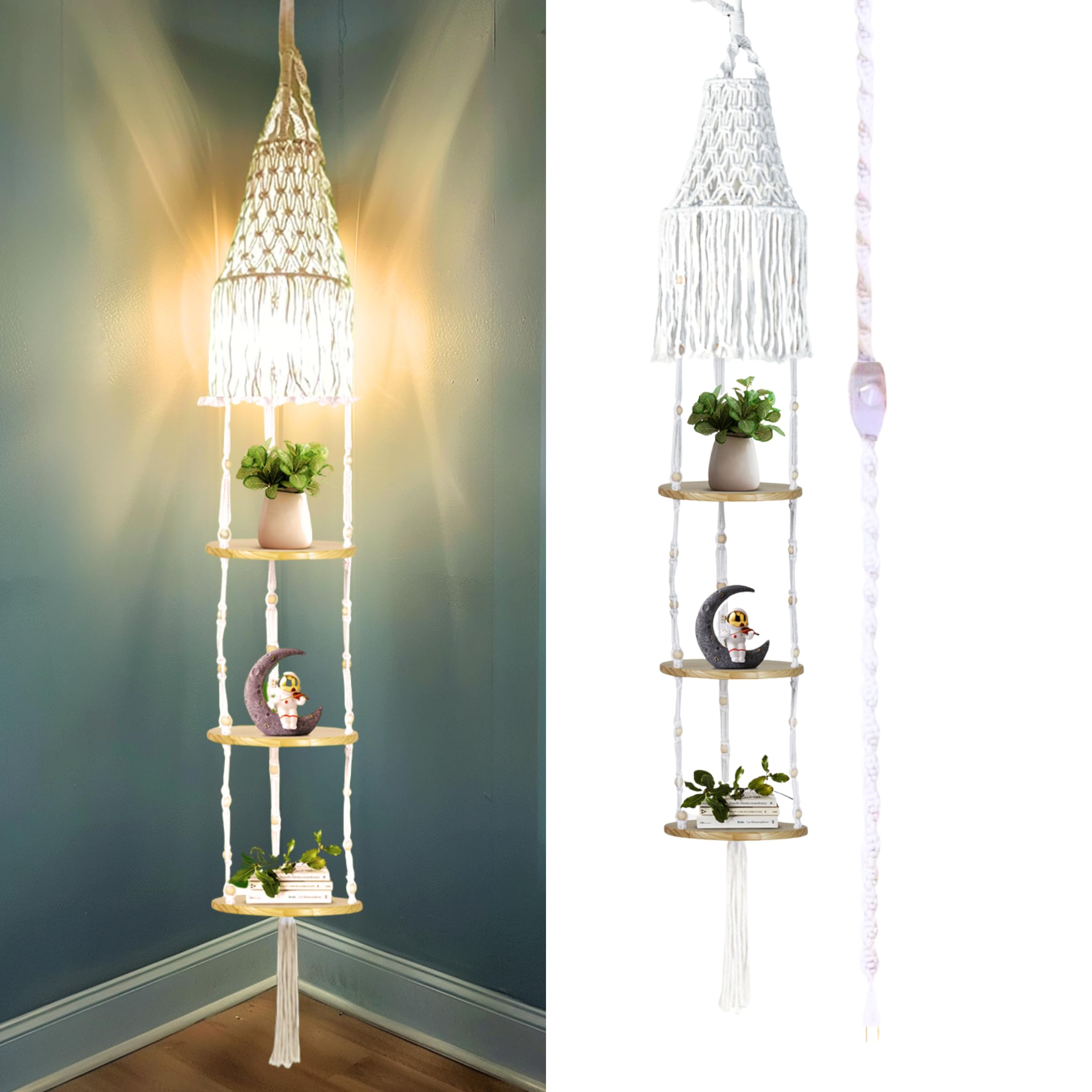 Boho Floor Lamp with Macrame Lamp Shade - Boho Hanging Lights with Plug in Cord - Boho Pendant Light for Cozy Spaces - Hanging Lamps for Living Room Plug in - Bohemian Living Room Decor Boho Lighting