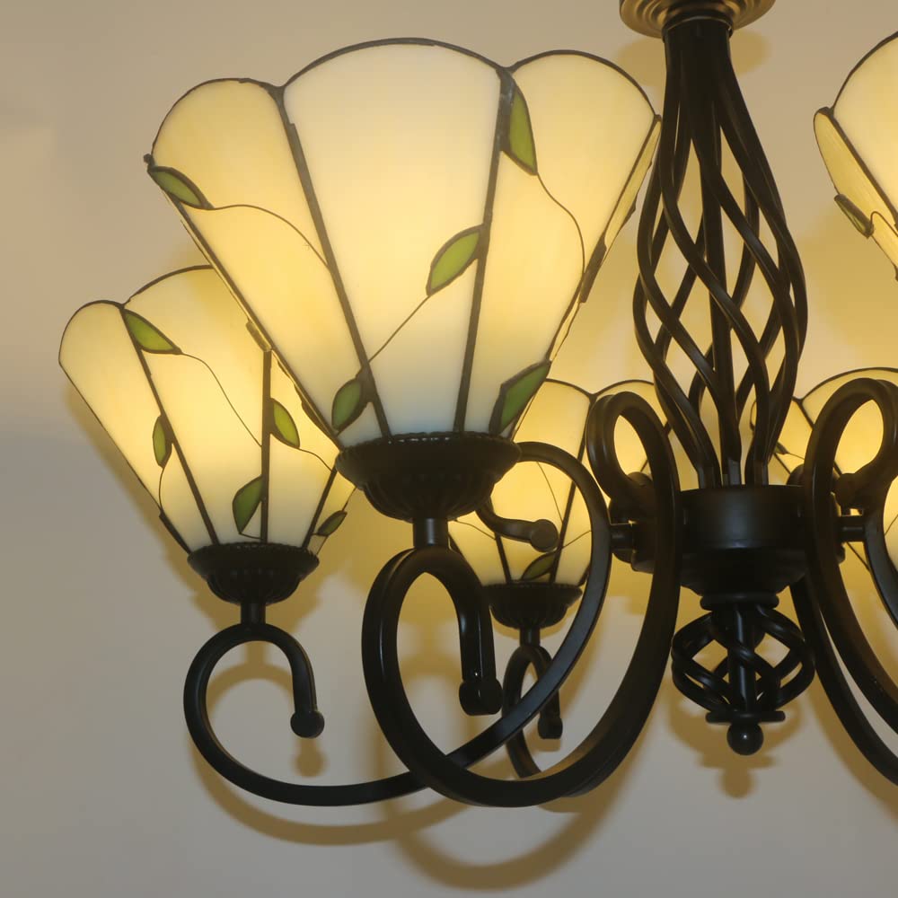 Skyweel Tiffany Style Chandelier Stained Glass Pendent Ceiling Light Flush Mount Ceiling Light Vintage Chandeliers Lighting Lamps (Leaf 6)