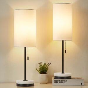 luvkczc minimalist table lamp set of 2, nightstand lamp for bedroom living room, modern pull chain bedside lamp with marble base, fabric shade, small desk lamp for home, office, reading