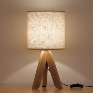 haitral small bedside table lamp - wooden tripod nightstand lamp for bedroom, living room, office, home with fabric linen shade - 13.4 inches (without bulb)