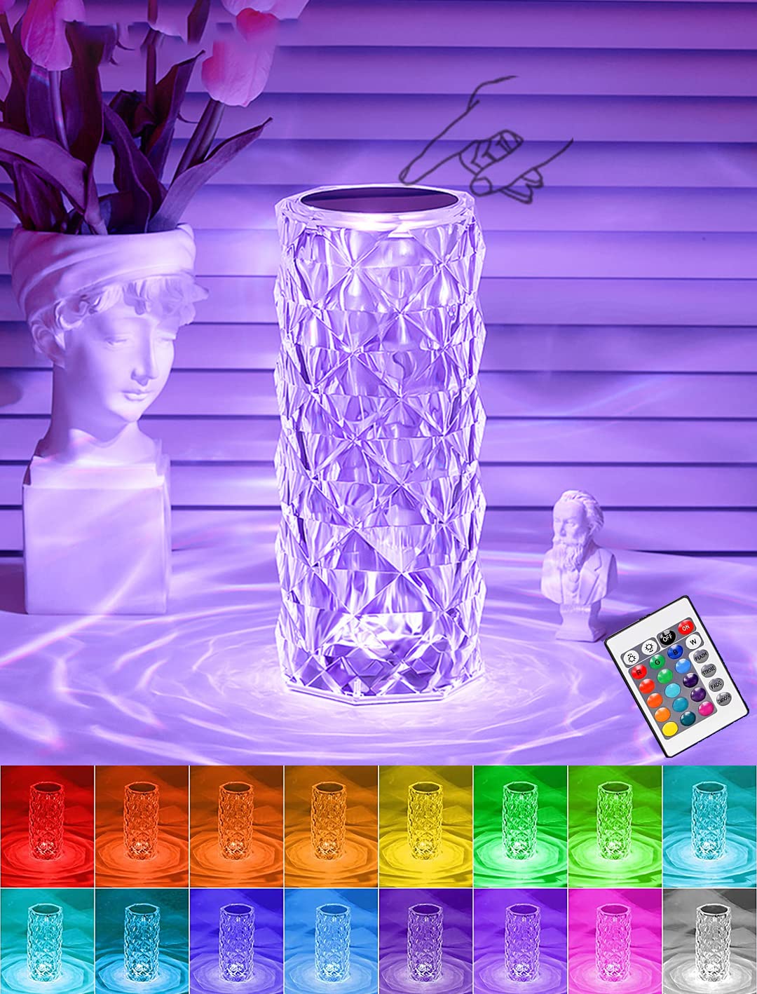 Crystal Lamp, 16 Color Changing RGB Rechargeable Rose Crystal Table Lamp with USB + Remote, Touch Control Crystal Rose Lamp, Romantic Diamond Night Light for Living Room