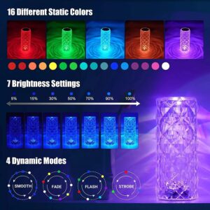 Crystal Lamp, 16 Color Changing RGB Rechargeable Rose Crystal Table Lamp with USB + Remote, Touch Control Crystal Rose Lamp, Romantic Diamond Night Light for Living Room