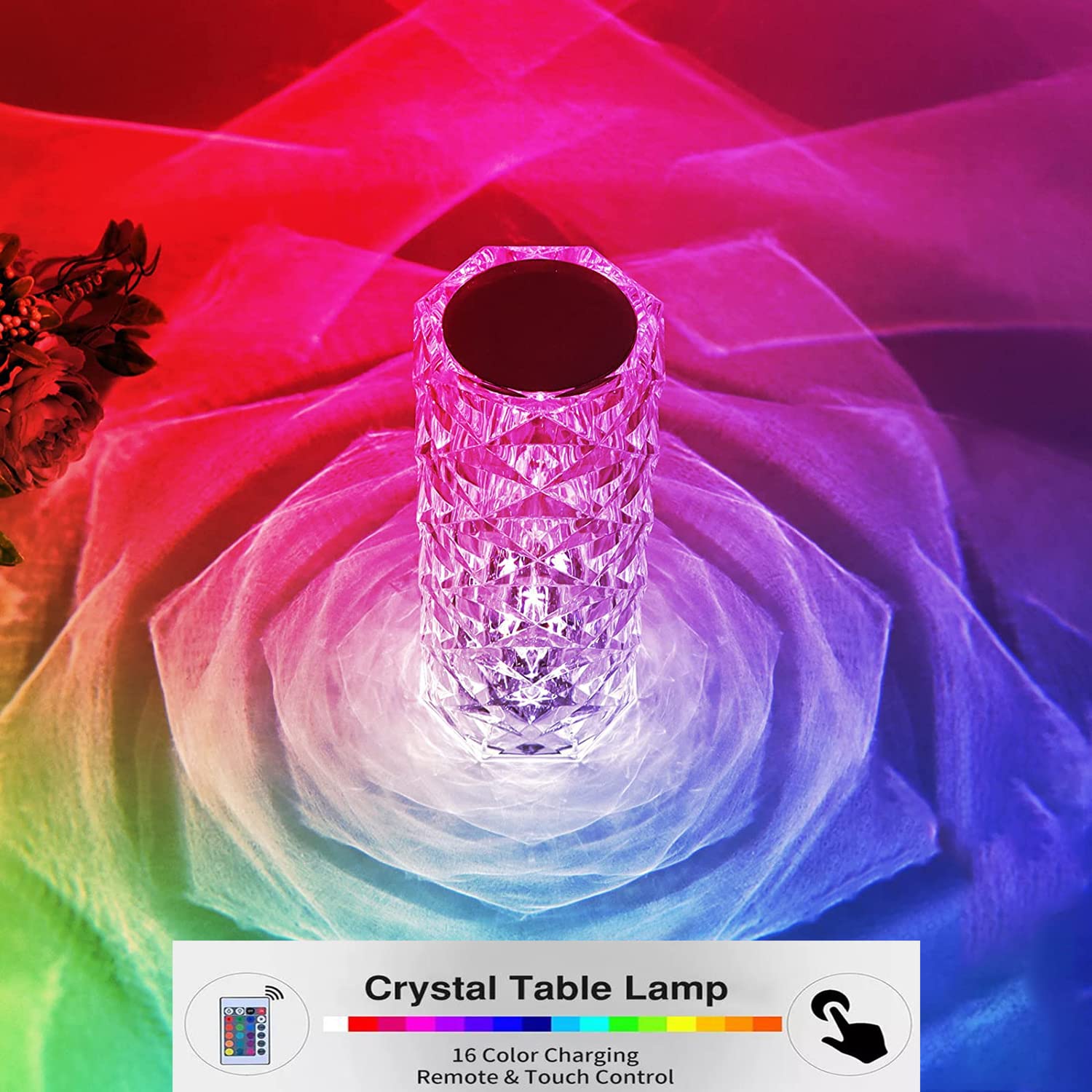 Crystal Lamp, 16 Color Changing RGB Rechargeable Rose Crystal Table Lamp with USB + Remote, Touch Control Crystal Rose Lamp, Romantic Diamond Night Light for Living Room