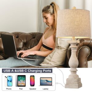 BOBOMOMO Retro 27" USB Charging Ports A/C Wash-White Farmhouse Lamps for Bedrooms Side Table Lamps Bedside Lamp for Nightstand Living Room 1 Pack