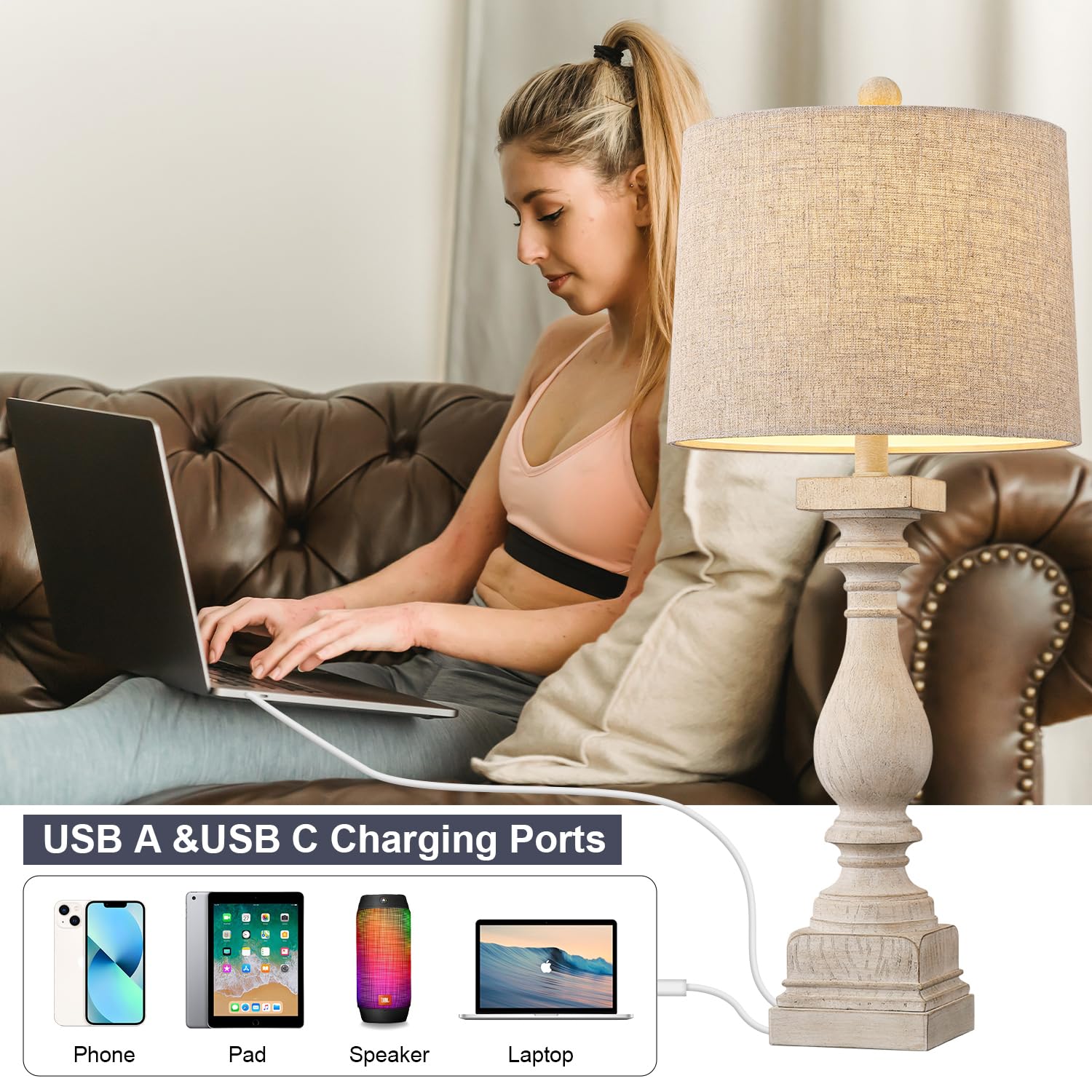 BOBOMOMO Retro 27" USB Charging Ports A/C Wash-White Farmhouse Lamps for Bedrooms Side Table Lamps Bedside Lamp for Nightstand Living Room 1 Pack