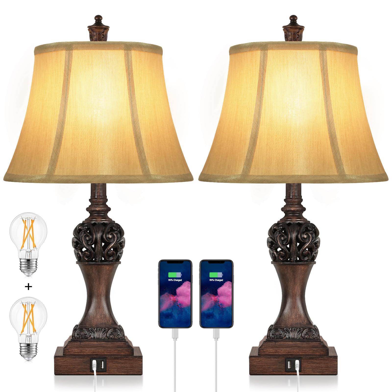 Set of 2 Touch Control 3-Way Dimmable Table Lamps with 2 USB Charging Ports Traditional Bedside Lamps with Bell Shape Faux Silk Shade & Brown Base for Bedroom Nightstand Living Room LED Bulbs Included