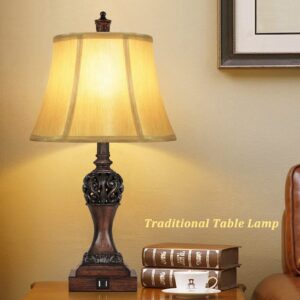 Set of 2 Touch Control 3-Way Dimmable Table Lamps with 2 USB Charging Ports Traditional Bedside Lamps with Bell Shape Faux Silk Shade & Brown Base for Bedroom Nightstand Living Room LED Bulbs Included