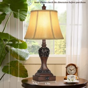 Set of 2 Touch Control 3-Way Dimmable Table Lamps with 2 USB Charging Ports Traditional Bedside Lamps with Bell Shape Faux Silk Shade & Brown Base for Bedroom Nightstand Living Room LED Bulbs Included