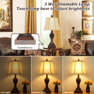 Set of 2 Touch Control 3-Way Dimmable Table Lamps with 2 USB Charging Ports Traditional Bedside Lamps with Bell Shape Faux Silk Shade & Brown Base for Bedroom Nightstand Living Room LED Bulbs Included