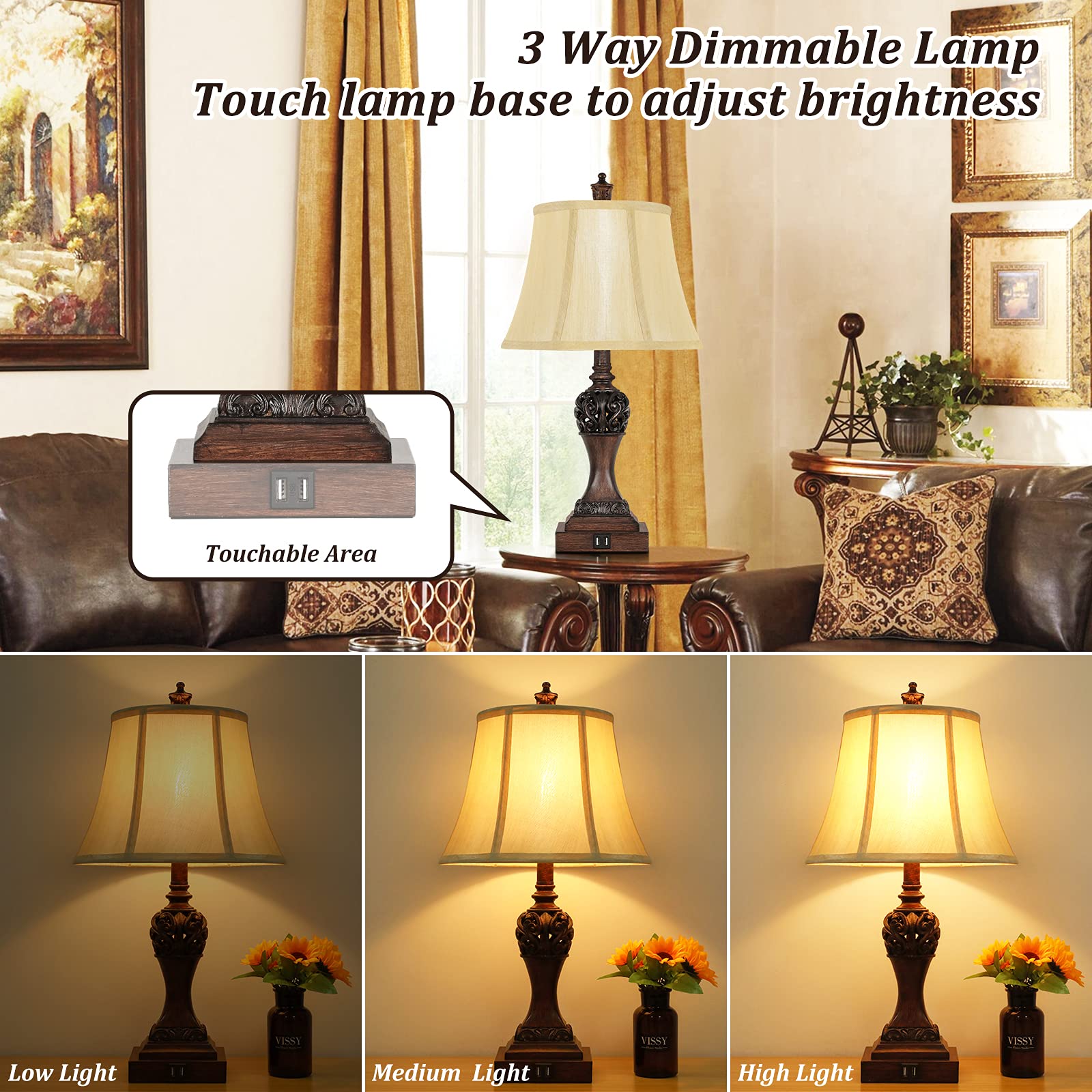 Set of 2 Touch Control 3-Way Dimmable Table Lamps with 2 USB Charging Ports Traditional Bedside Lamps with Bell Shape Faux Silk Shade & Brown Base for Bedroom Nightstand Living Room LED Bulbs Included