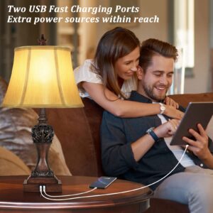 Set of 2 Touch Control 3-Way Dimmable Table Lamps with 2 USB Charging Ports Traditional Bedside Lamps with Bell Shape Faux Silk Shade & Brown Base for Bedroom Nightstand Living Room LED Bulbs Included