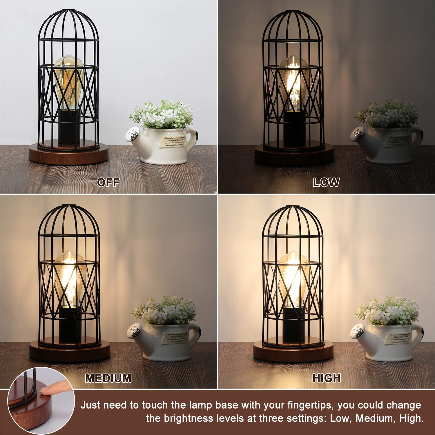 Touch Control Table Lamp, Industrial Bedside Lamp with 3 Way Dimmable Small Nightstand Lamp Vintage Metal Cage Table Lamp for Bedroom, Kitchen