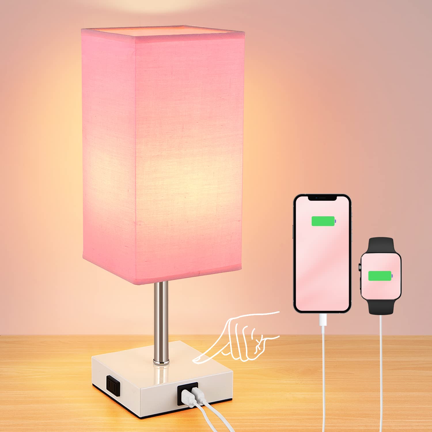 Woderdeng Touch Control Bedside Lamp - 3-Way Dimmable Table Lamps with USB C+A Port and Outlet, Nightstand Lamp for Bedroom Decor and Living Room,Pink