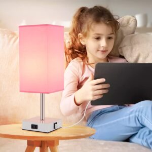 Woderdeng Touch Control Bedside Lamp - 3-Way Dimmable Table Lamps with USB C+A Port and Outlet, Nightstand Lamp for Bedroom Decor and Living Room,Pink