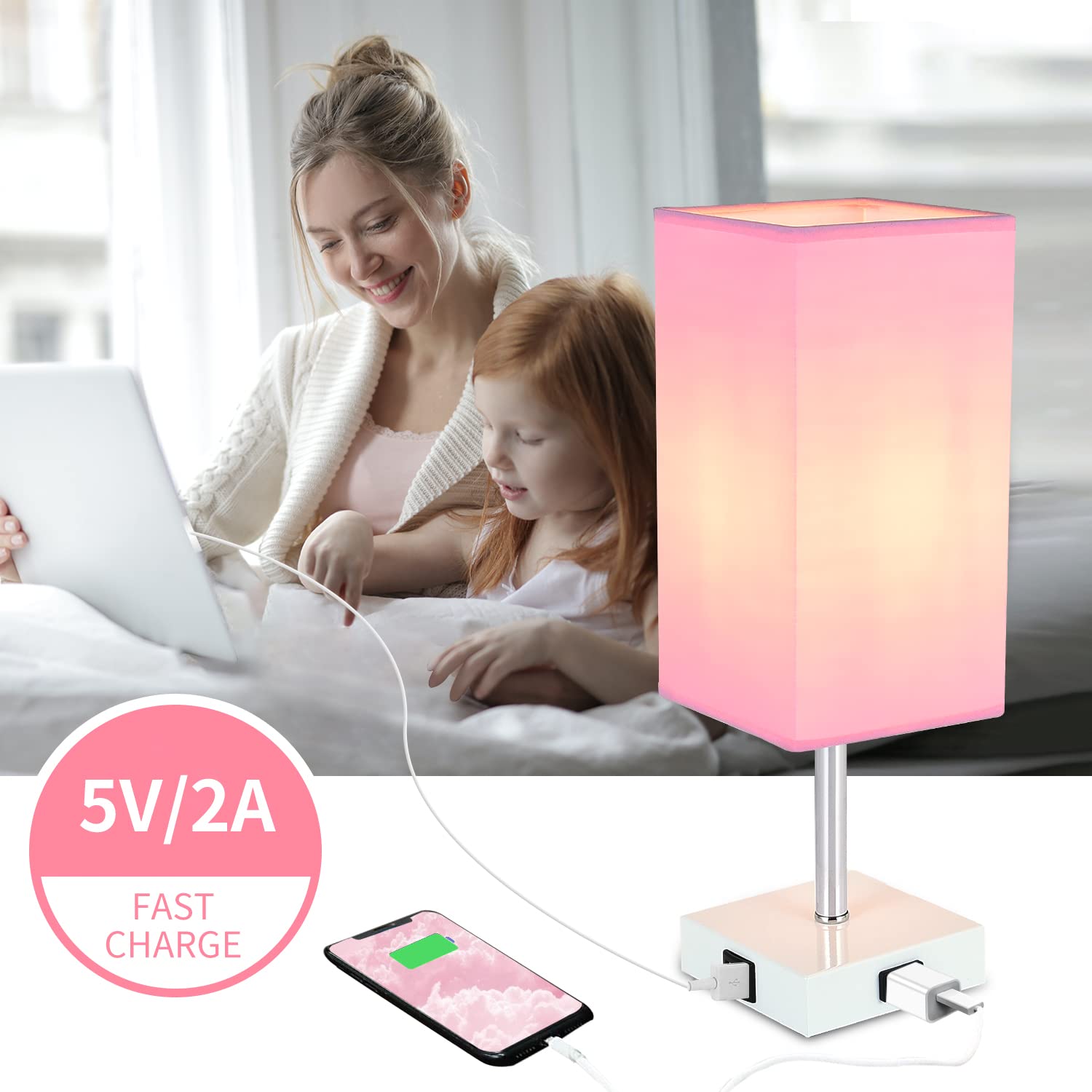 Woderdeng Touch Control Bedside Lamp - 3-Way Dimmable Table Lamps with USB C+A Port and Outlet, Nightstand Lamp for Bedroom Decor and Living Room,Pink