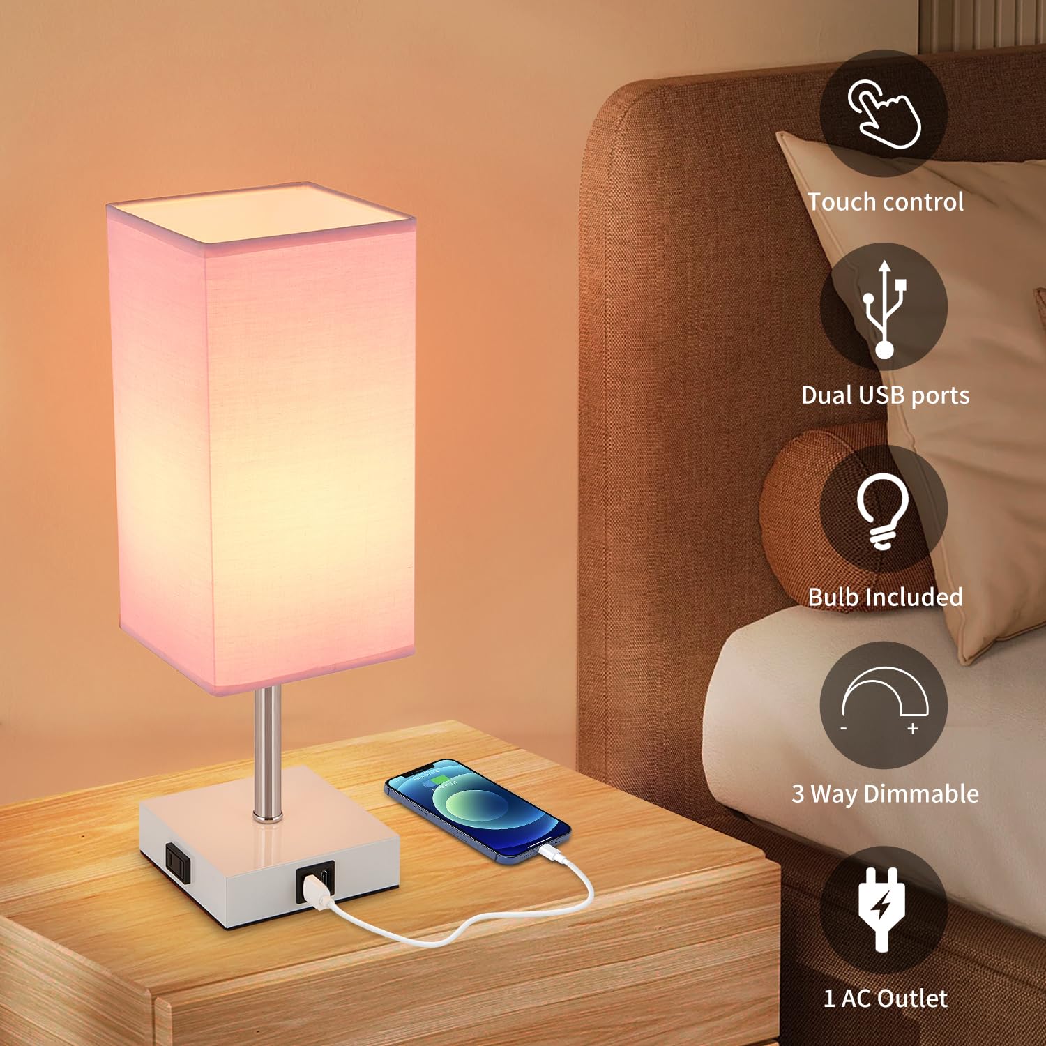 Woderdeng Touch Control Bedside Lamp - 3-Way Dimmable Table Lamps with USB C+A Port and Outlet, Nightstand Lamp for Bedroom Decor and Living Room,Pink