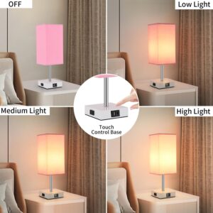 Woderdeng Touch Control Bedside Lamp - 3-Way Dimmable Table Lamps with USB C+A Port and Outlet, Nightstand Lamp for Bedroom Decor and Living Room,Pink