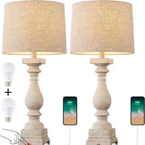 BOBOMOMO 27" Farmhouse 3-Way Dimmable Touch Control Table Lamp Set of 2 with USB A &USB C Charging Ports for Bedroom Living Room Vintage Rustic Traditional Nightstand Bedside Lamps (2 Bulbs Included)