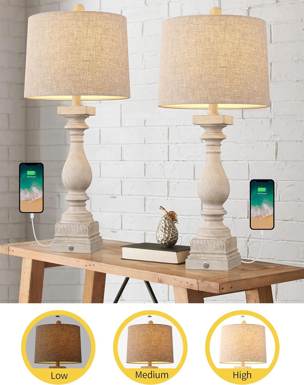 BOBOMOMO 27" Farmhouse 3-Way Dimmable Touch Control Table Lamp Set of 2 with USB A &USB C Charging Ports for Bedroom Living Room Vintage Rustic Traditional Nightstand Bedside Lamps (2 Bulbs Included)