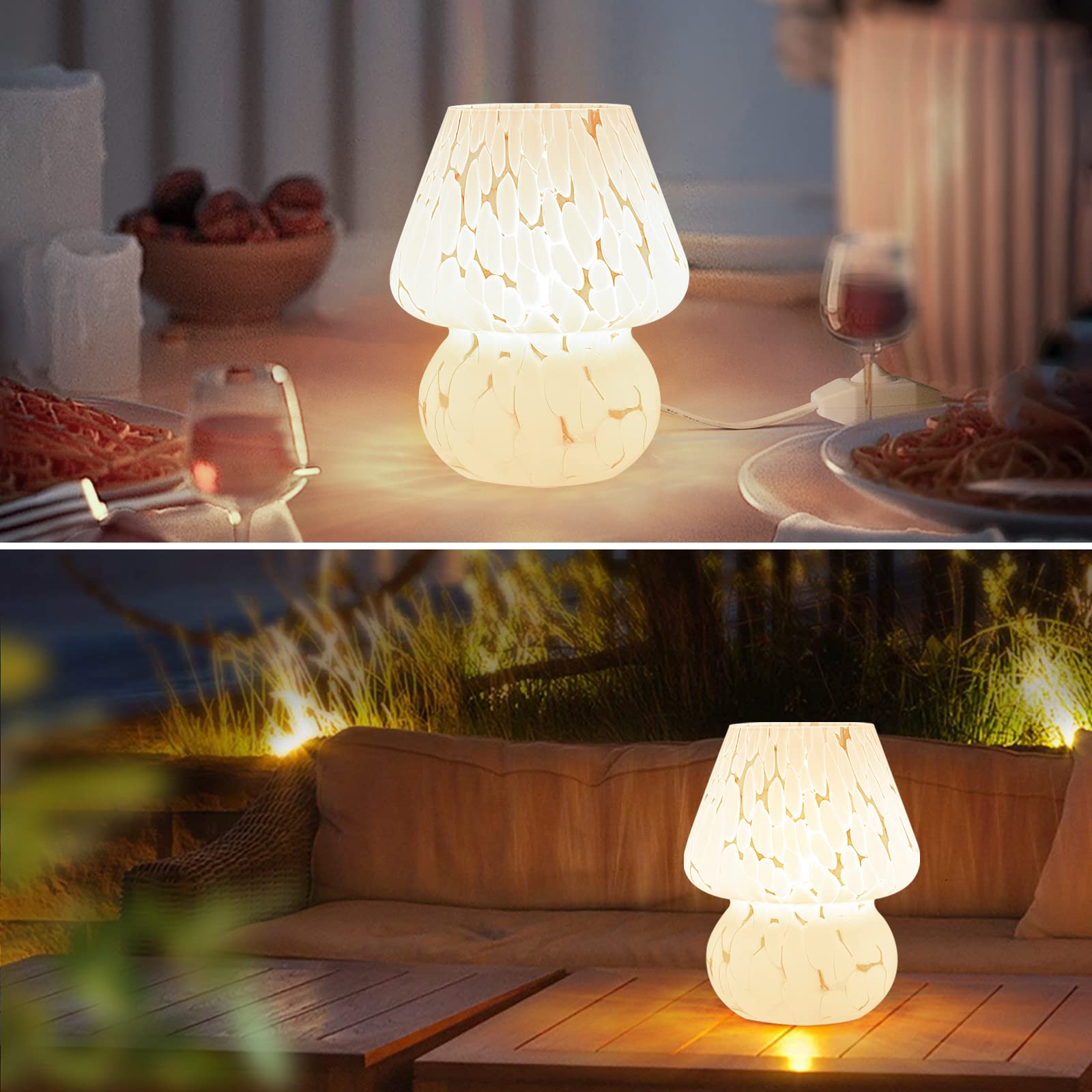 ONEWISH Mushroom Lamp Small Bedside Table Lamp-Nightstand Nightlight Dimmable Stepless, Translucent Glass White Desk Lamp for Bedroom Dorm Living Kitchen, Murano Style Aesthetic Cute Home Decor Gift