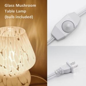 ONEWISH Mushroom Lamp Small Bedside Table Lamp-Nightstand Nightlight Dimmable Stepless, Translucent Glass White Desk Lamp for Bedroom Dorm Living Kitchen, Murano Style Aesthetic Cute Home Decor Gift