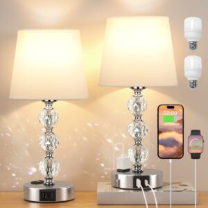 bedside lamps for bedrooms set of 2 - crystal nightstand bedroom lamp with two usb charging port, 3 way dimmable touch small bed side table lamp, silver night stand light for living/guest/dinning room