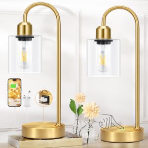 industrial gold table lamps set - 3 way dimmable touch desk lamps set of 2 with usb c+a ports, nightstand lamp with glass shade,bedside lamps for night stands, bedroom, living room, led bulb included