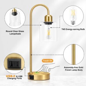 Industrial Gold Table Lamps Set - 3 Way Dimmable Touch Desk Lamps Set of 2 with USB C+A Ports, Nightstand Lamp with Glass Shade,Bedside Lamps for Night Stands, Bedroom, Living Room, LED Bulb Included