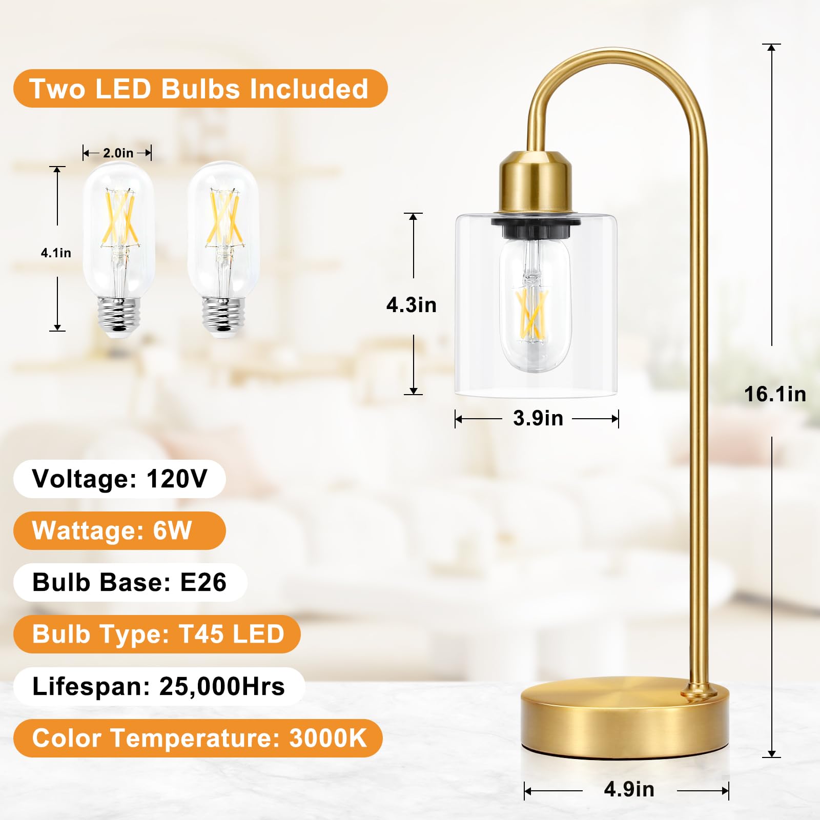 Industrial Gold Table Lamps Set - 3 Way Dimmable Touch Desk Lamps Set of 2 with USB C+A Ports, Nightstand Lamp with Glass Shade,Bedside Lamps for Night Stands, Bedroom, Living Room, LED Bulb Included