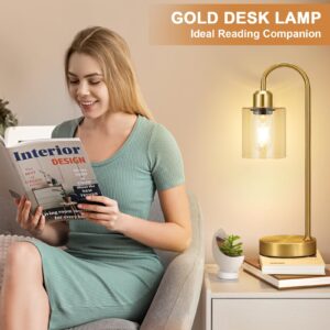 Industrial Gold Table Lamps Set - 3 Way Dimmable Touch Desk Lamps Set of 2 with USB C+A Ports, Nightstand Lamp with Glass Shade,Bedside Lamps for Night Stands, Bedroom, Living Room, LED Bulb Included