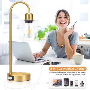 Industrial Gold Table Lamps Set - 3 Way Dimmable Touch Desk Lamps Set of 2 with USB C+A Ports, Nightstand Lamp with Glass Shade,Bedside Lamps for Night Stands, Bedroom, Living Room, LED Bulb Included