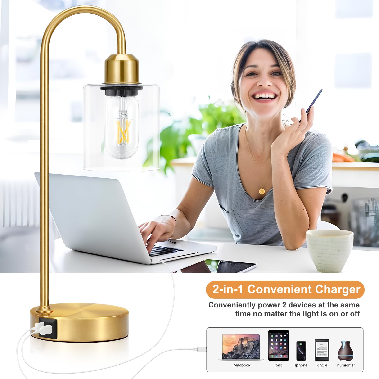 Industrial Gold Table Lamps Set - 3 Way Dimmable Touch Desk Lamps Set of 2 with USB C+A Ports, Nightstand Lamp with Glass Shade,Bedside Lamps for Night Stands, Bedroom, Living Room, LED Bulb Included