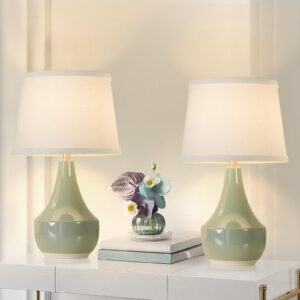 gyrovu table lamp set of 2, 18.63” ceramic table lamp classic beside lamps nightstand lamp modern table lamp for living room, bedroom & office rocker swtich sage green-led bulbs included