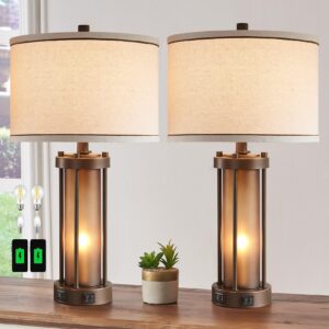 roria set of 2 farmhouse table lamps for living room with 2 usb ports, vintage rustic nightstand lamps with amber glass nightlight, retro desk lamps for bedroom entryway, 4 bulbs included (brown)