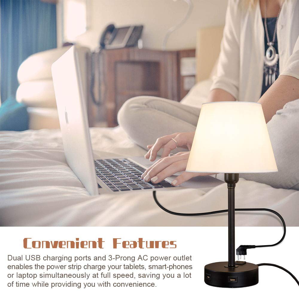 ZEEFO Touch Control Table Lamp Built in Dual USB Ports & AC Outlet, White Fabric Shade 3 Way Dimmable USB Nightstand Lamp Bedside Lamps for Bedroom, Living Room (2 Pack)