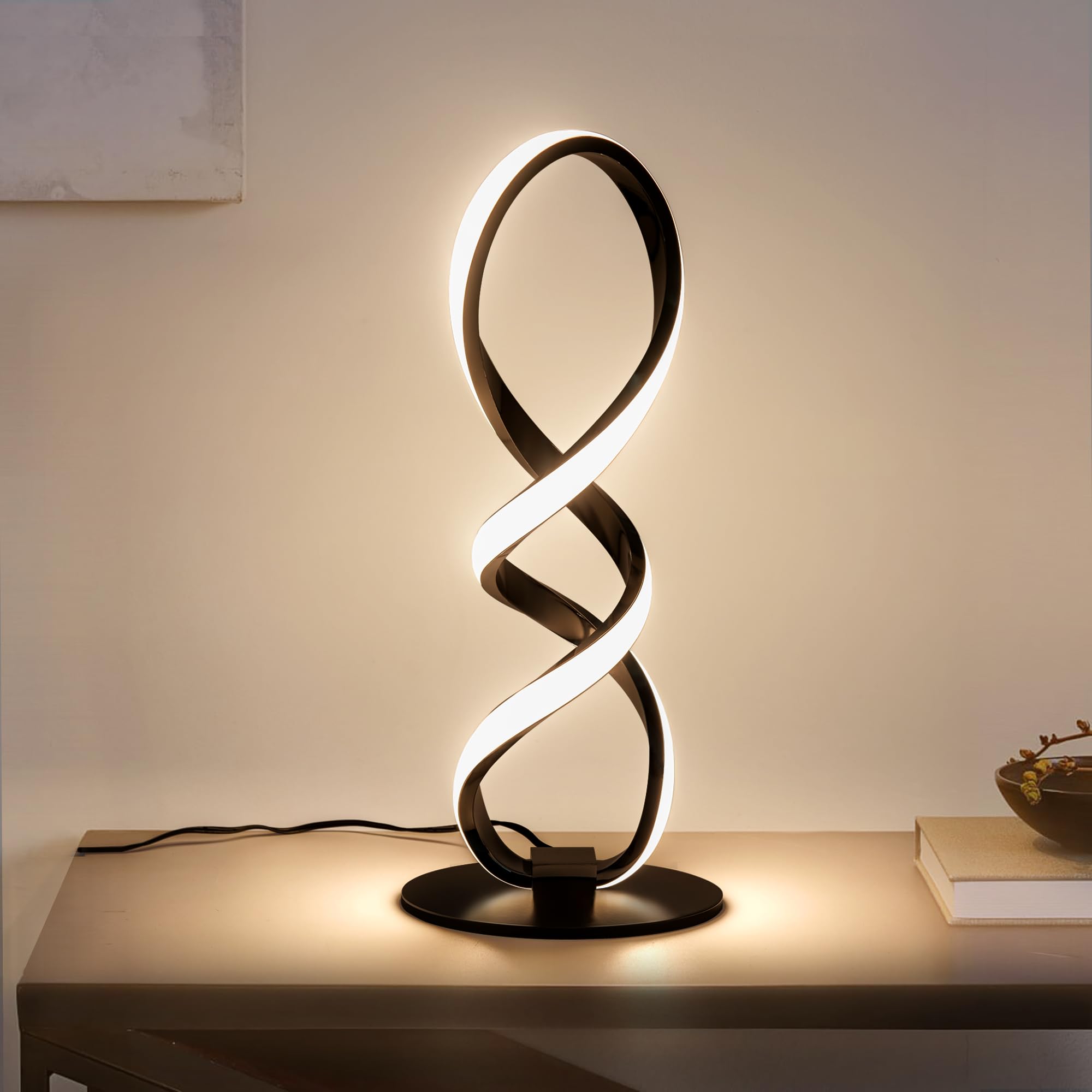 Adebime Modern Table lamp, Stepless Dimmable LED Spiral lamp Black Unique Bedside lamp, 12W 3200K Contemporary Nightstand Lamp, Warm White Office Desk lamp for Bedroom Living Room Home