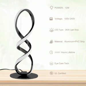 Adebime Modern Table lamp, Stepless Dimmable LED Spiral lamp Black Unique Bedside lamp, 12W 3200K Contemporary Nightstand Lamp, Warm White Office Desk lamp for Bedroom Living Room Home