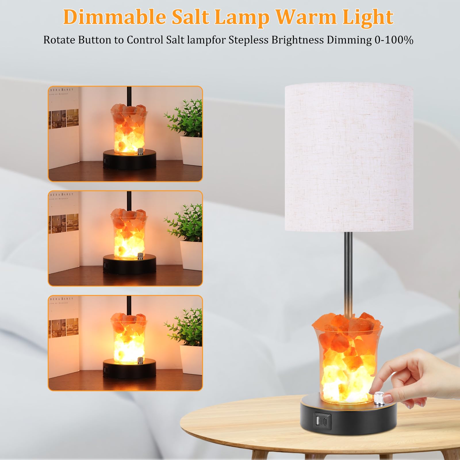 Dott Arts Table Lamp with Salt Lamp, 3-Way Dimmable Bedside Nightstand Lamp with USB Ports and AC Outlet, Touch Lamp for Living Room Bedrooms Reading Room, Bulbs Included