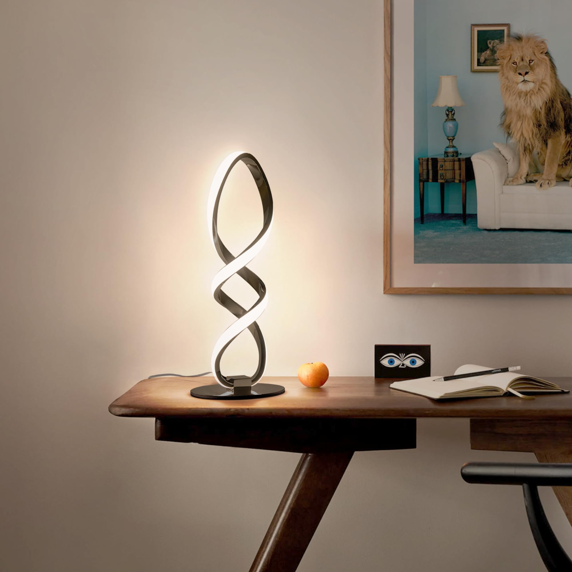 Adebime Modern Table lamp, Stepless Dimmable LED Spiral lamp Black Unique Bedside lamp, 12W 3200K Contemporary Nightstand Lamp, Warm White Office Desk lamp for Bedroom Living Room Home