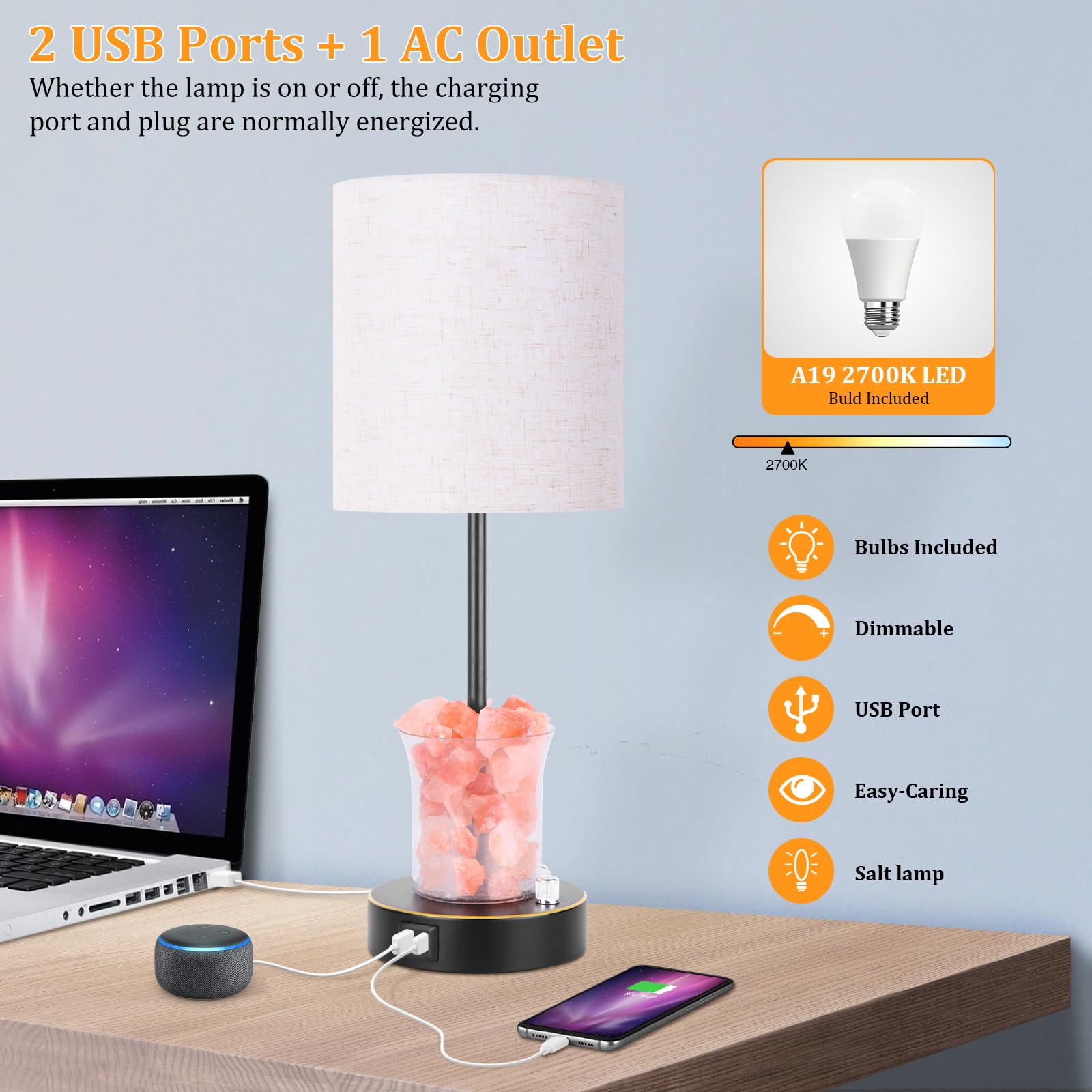 Dott Arts Table Lamp with Salt Lamp, 3-Way Dimmable Bedside Nightstand Lamp with USB Ports and AC Outlet, Touch Lamp for Living Room Bedrooms Reading Room, Bulbs Included