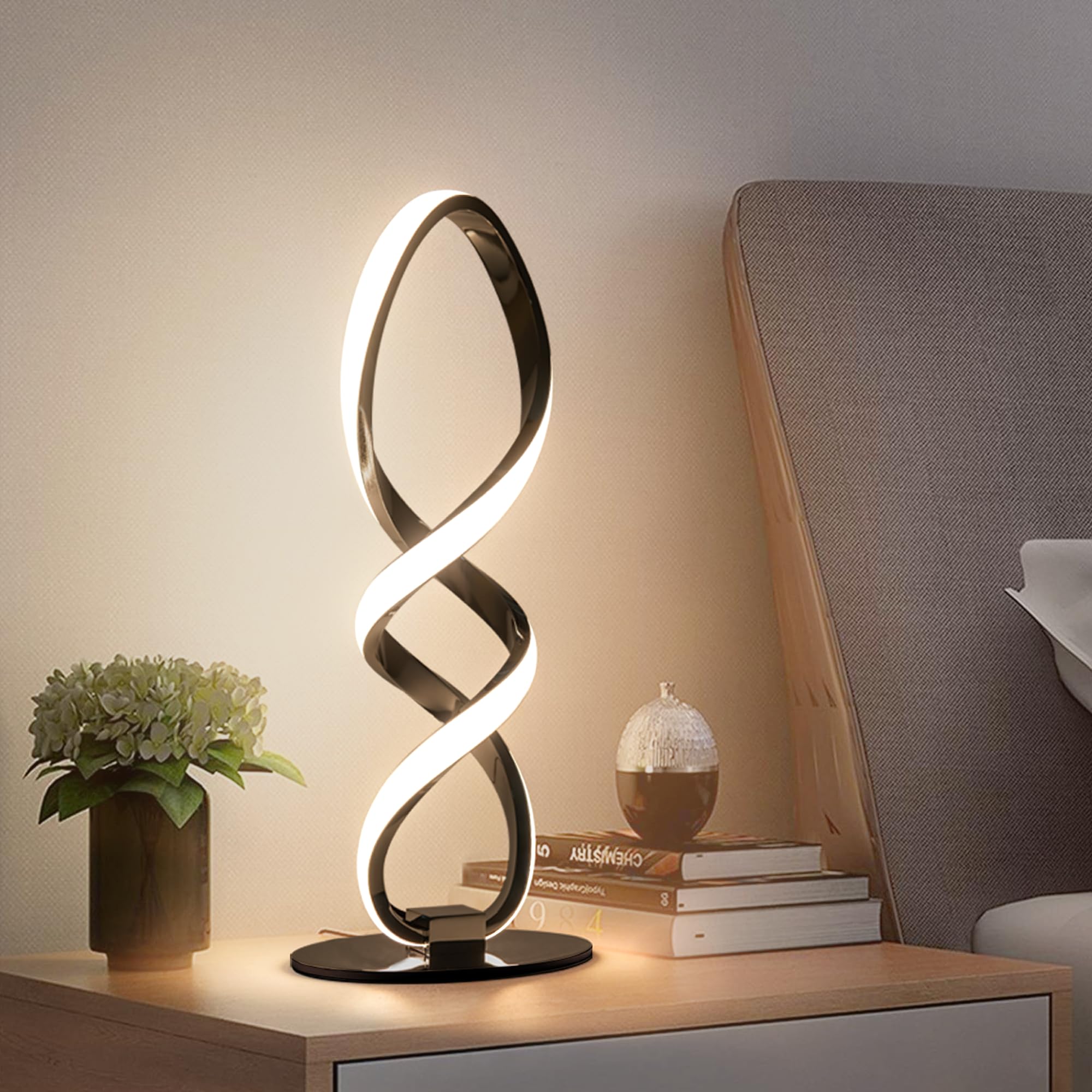 Adebime Modern Table lamp, Stepless Dimmable LED Spiral lamp Black Unique Bedside lamp, 12W 3200K Contemporary Nightstand Lamp, Warm White Office Desk lamp for Bedroom Living Room Home