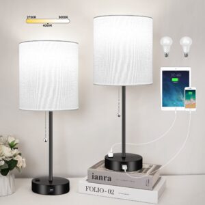 3 color temperature bedside table lamps set of 2, modern small lamp with usb and outlet, bedroom lamp for nightstand with chain switch, white desk lamp for living room, two bulbs included