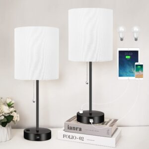 3 Color Temperature Bedside Table Lamps Set of 2, Modern Small Lamp with USB and Outlet, Bedroom Lamp for Nightstand with Chain Switch, White Desk Lamp for Living Room, Two Bulbs Included