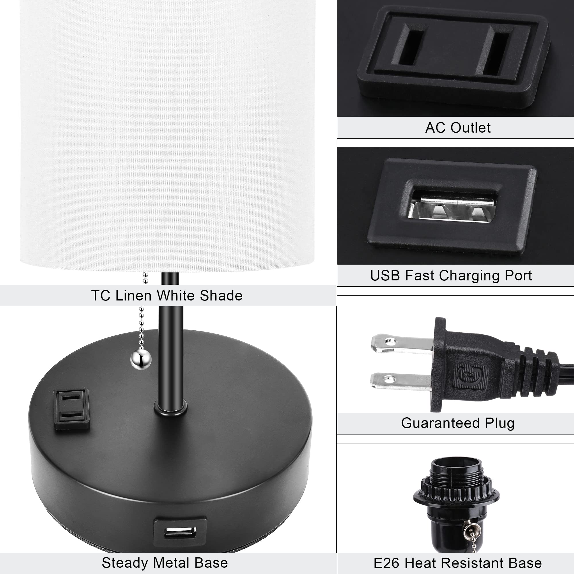 3 Color Temperature Bedside Table Lamps Set of 2, Modern Small Lamp with USB and Outlet, Bedroom Lamp for Nightstand with Chain Switch, White Desk Lamp for Living Room, Two Bulbs Included